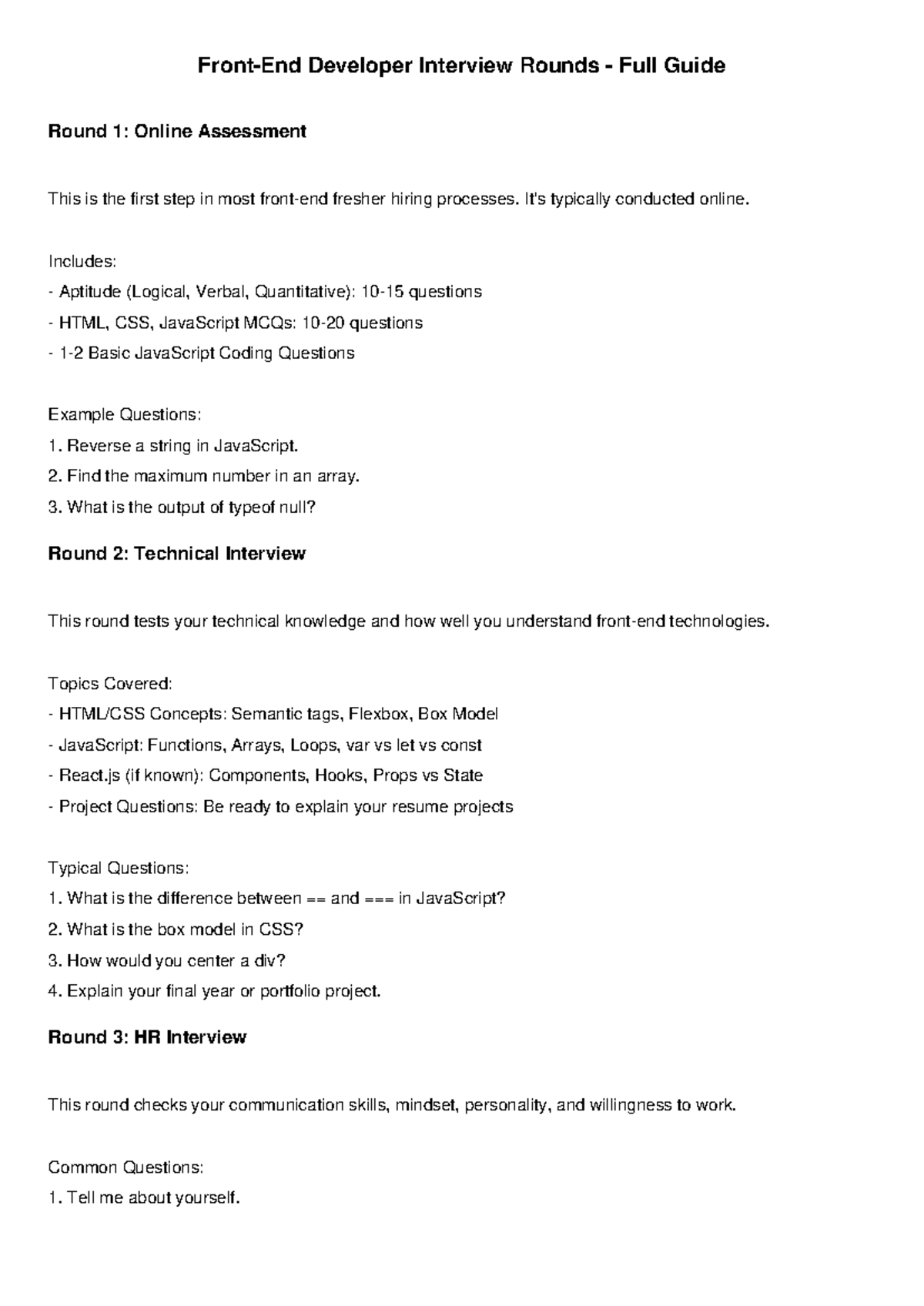 Frontend Interview Rounds Guide: Developer Assessment & Tips - Studocu