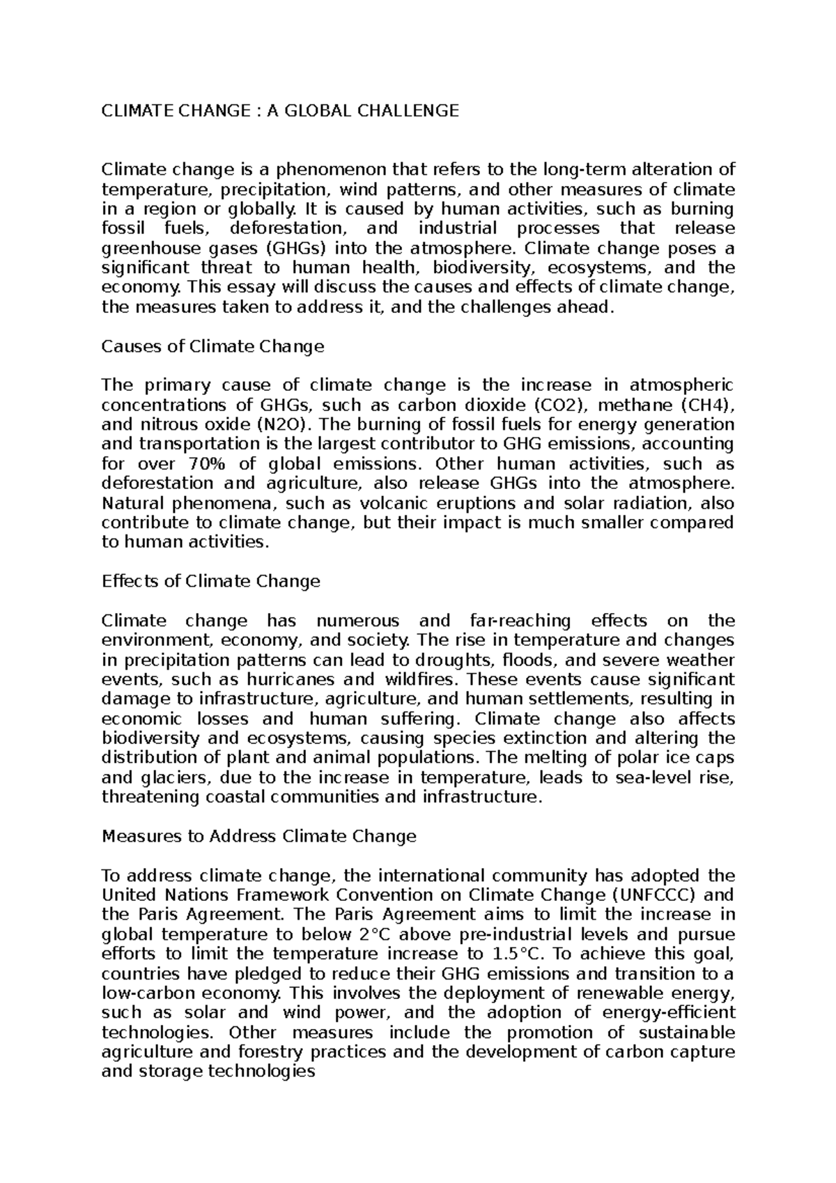 001 Essay ON Climate Change - CLIMATE CHANGE : A GLOBAL CHALLENGE ...