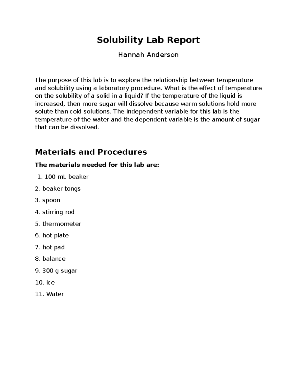 Solubility Lab Report: Exploring Temperature Effects on Solubility ...