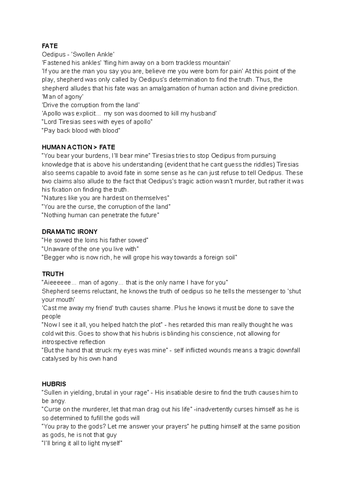 Oedipus Quote Sheet: Analyzing Fate and Human Action in Tragedy - Studocu