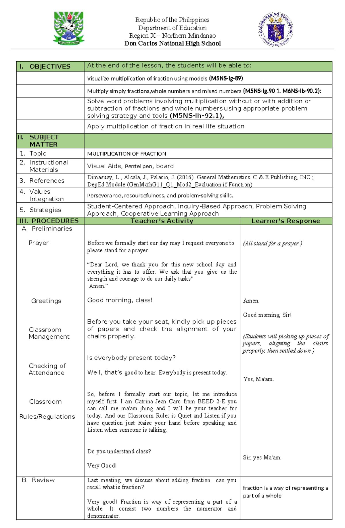 Detailed Lesson Plan on Multiplication of Fractions (GenMathG11) - Studocu