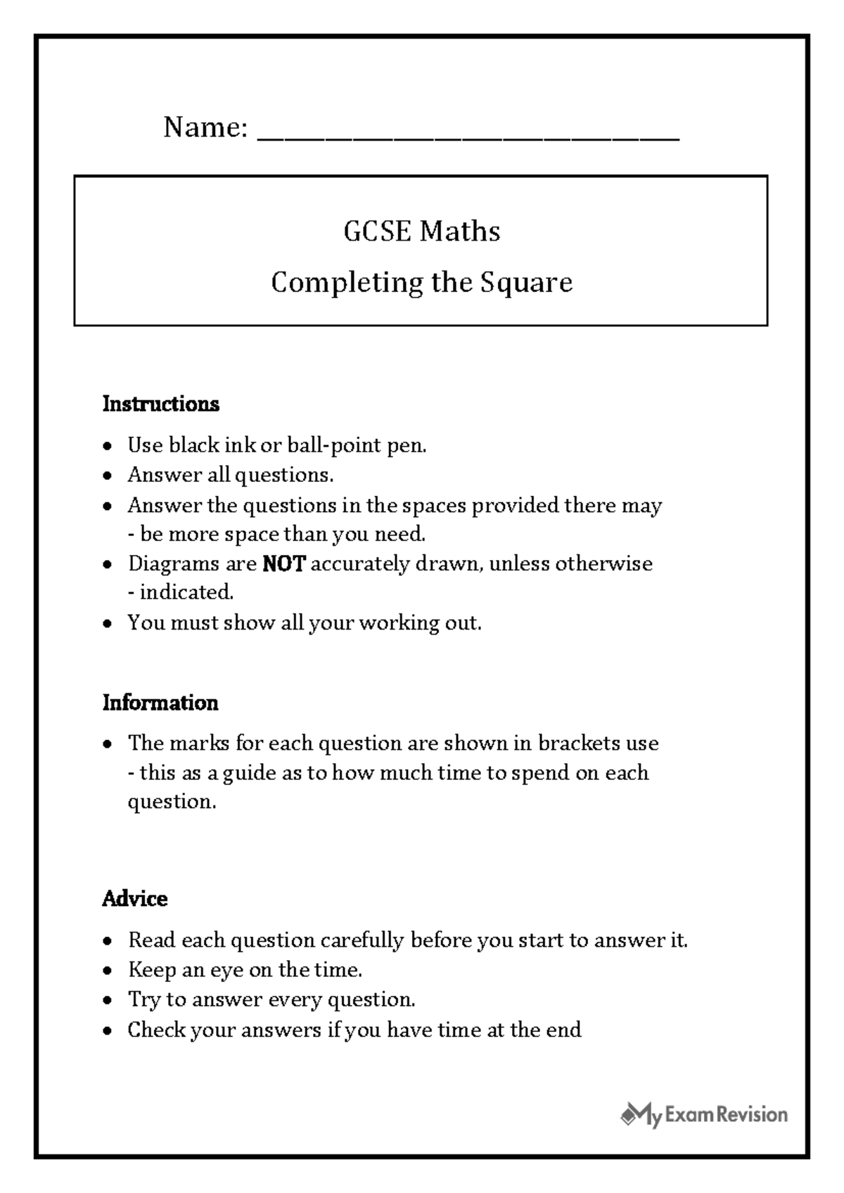 GCSE Maths: Completing the Square Practice Questions - Studocu