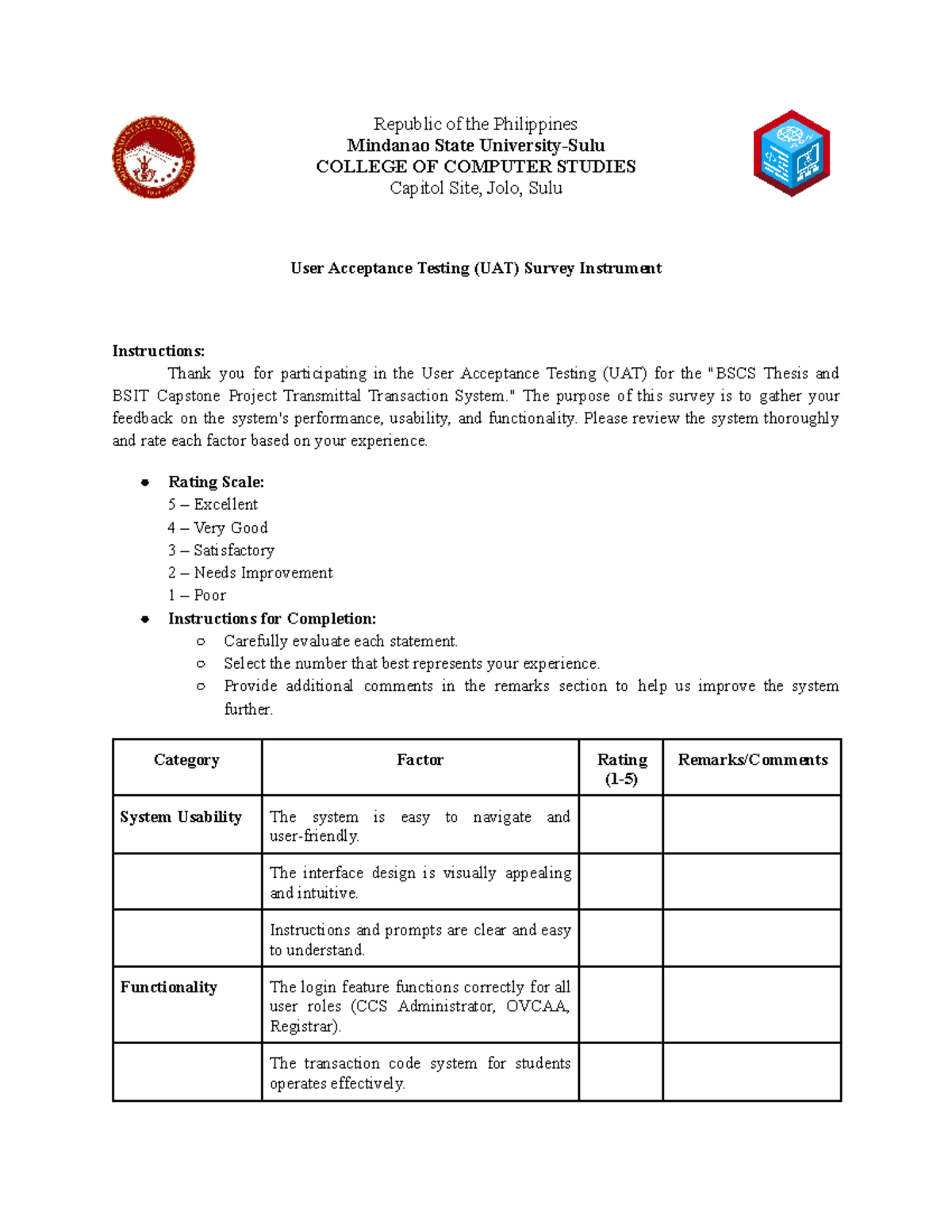 Sample Survey Questionnaire - Republic of the Philippines Mindanao ...