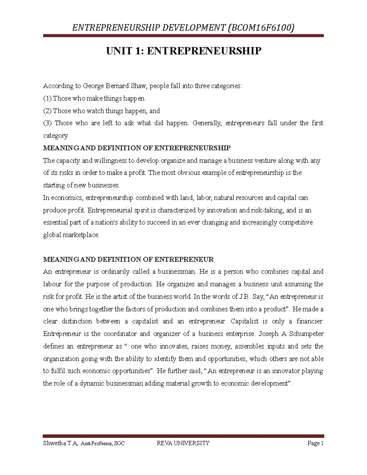 Entrepreneurship Development notes for semester - LECTURE NOTES ON ...