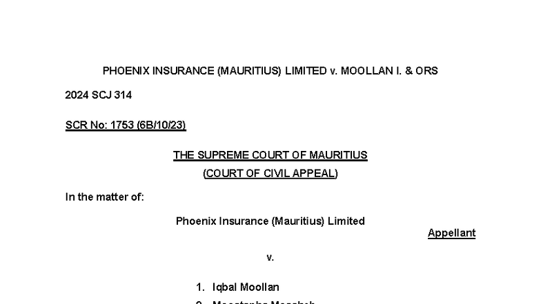 Phoenix Insurance (Mauritius) Ltd v. Moollan I. Ors: 2024 SCJ 314 ...
