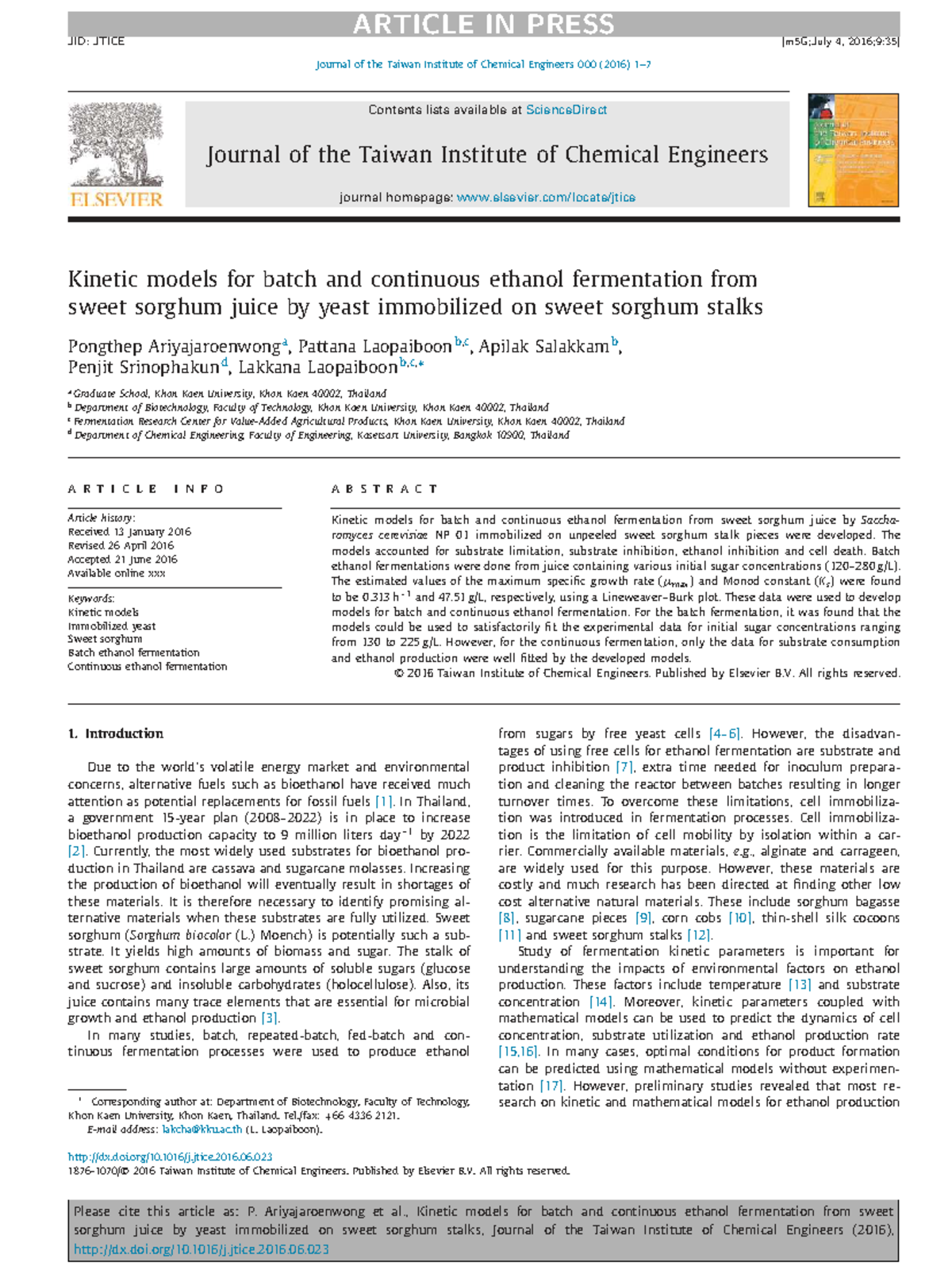 Kinetic Models for Batch & Continuous Ethanol Fermentation (JTICE 2016) - Studocu