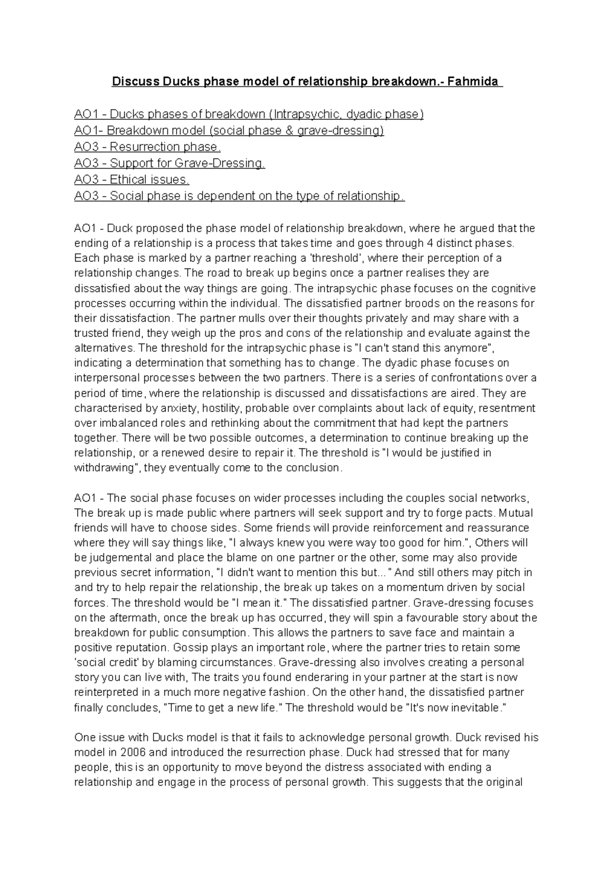 Ducks Phase Model of Relationship Breakdown: An Analytical Essay - Studocu