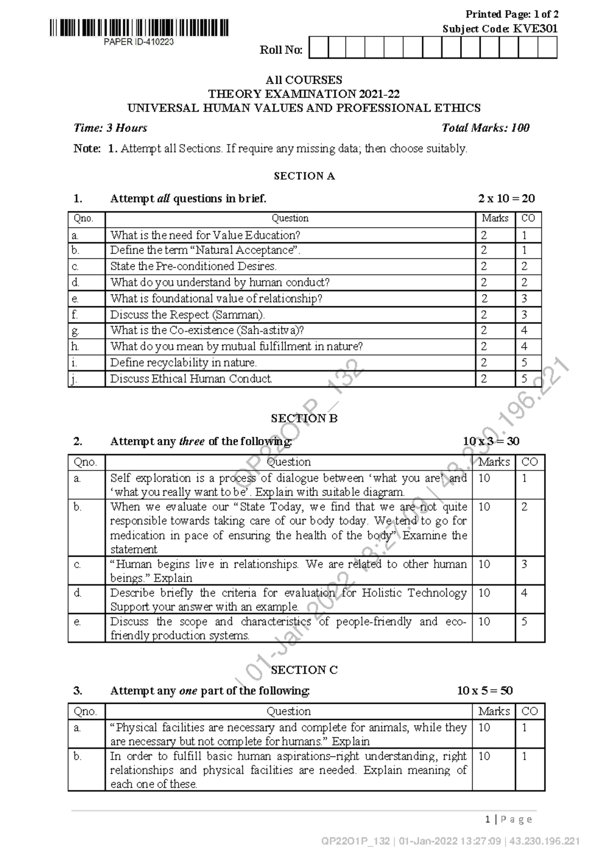 KVE301 BTech 3rd Sem: Universal Human Values & Professional Ethics Exam ...