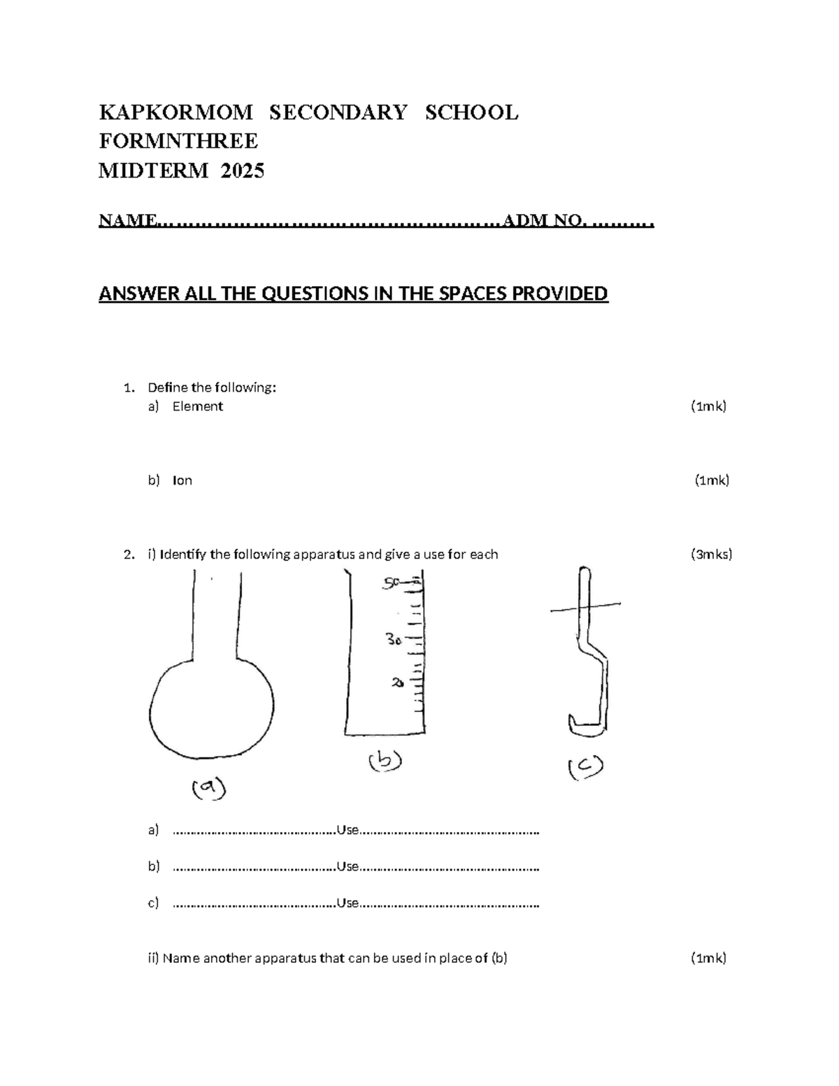 Chemistry FORM 3 Midterm Exam 2025: Comprehensive Question Guide - Studocu