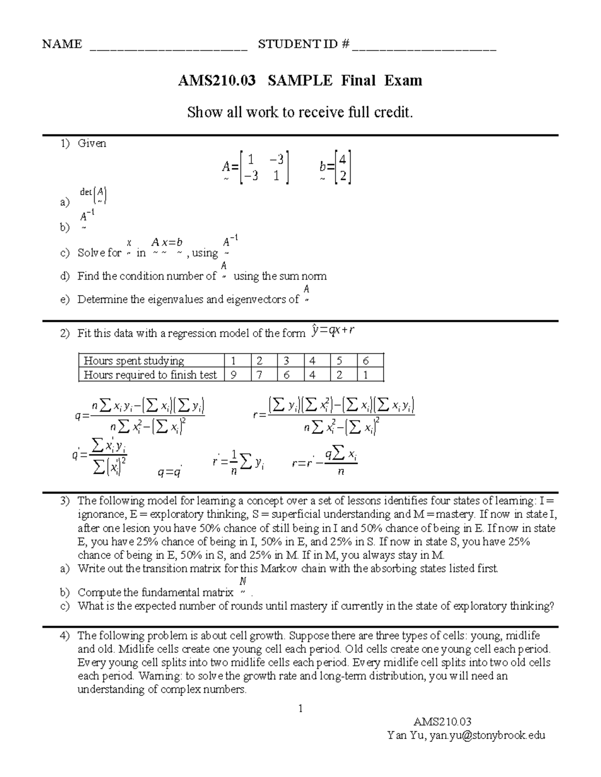AMS210.03 Sample Final Exam Notes on Matrix and Cell Growth - Studocu