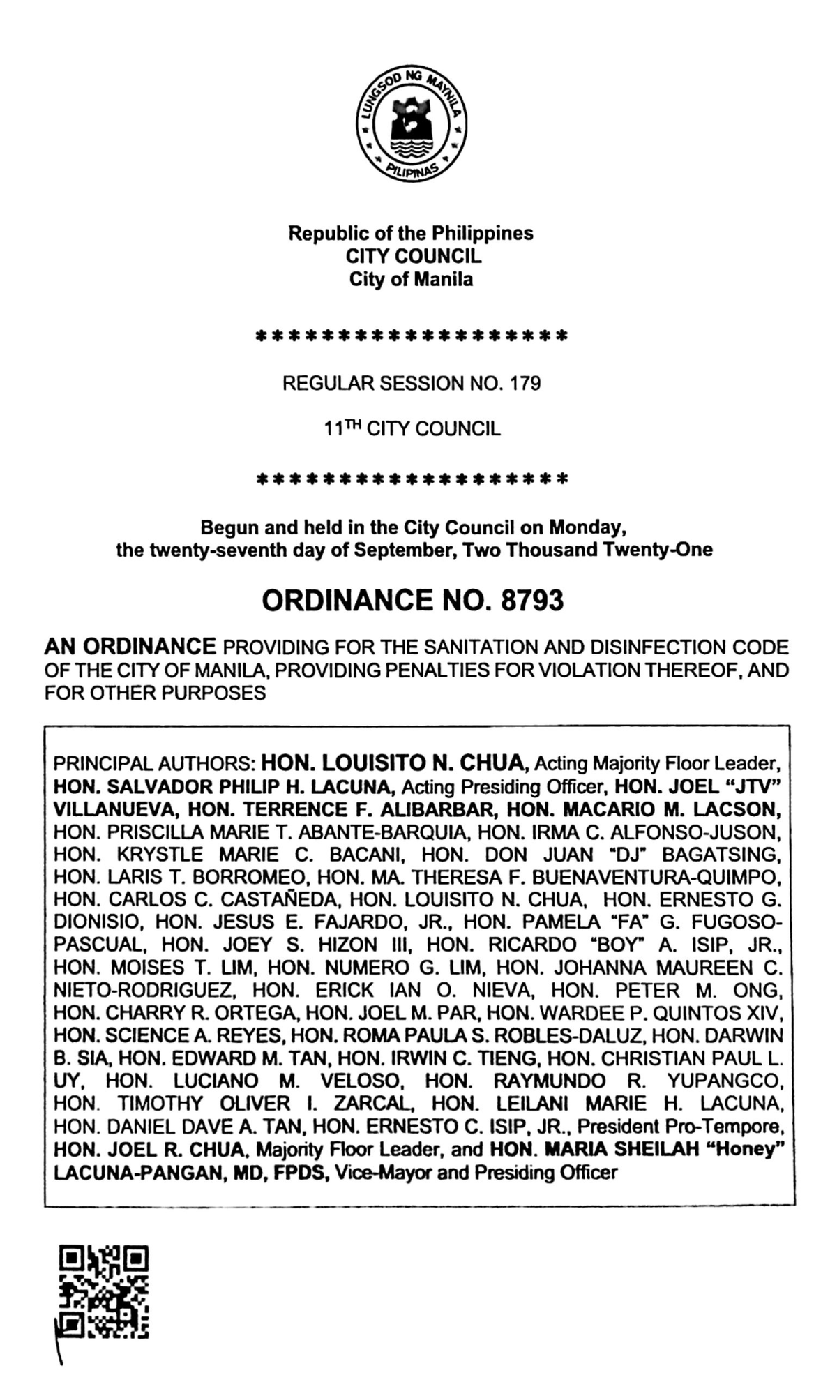 Sanitation and Disinfection Code of Manila Ordinance No. 8793 - Studocu