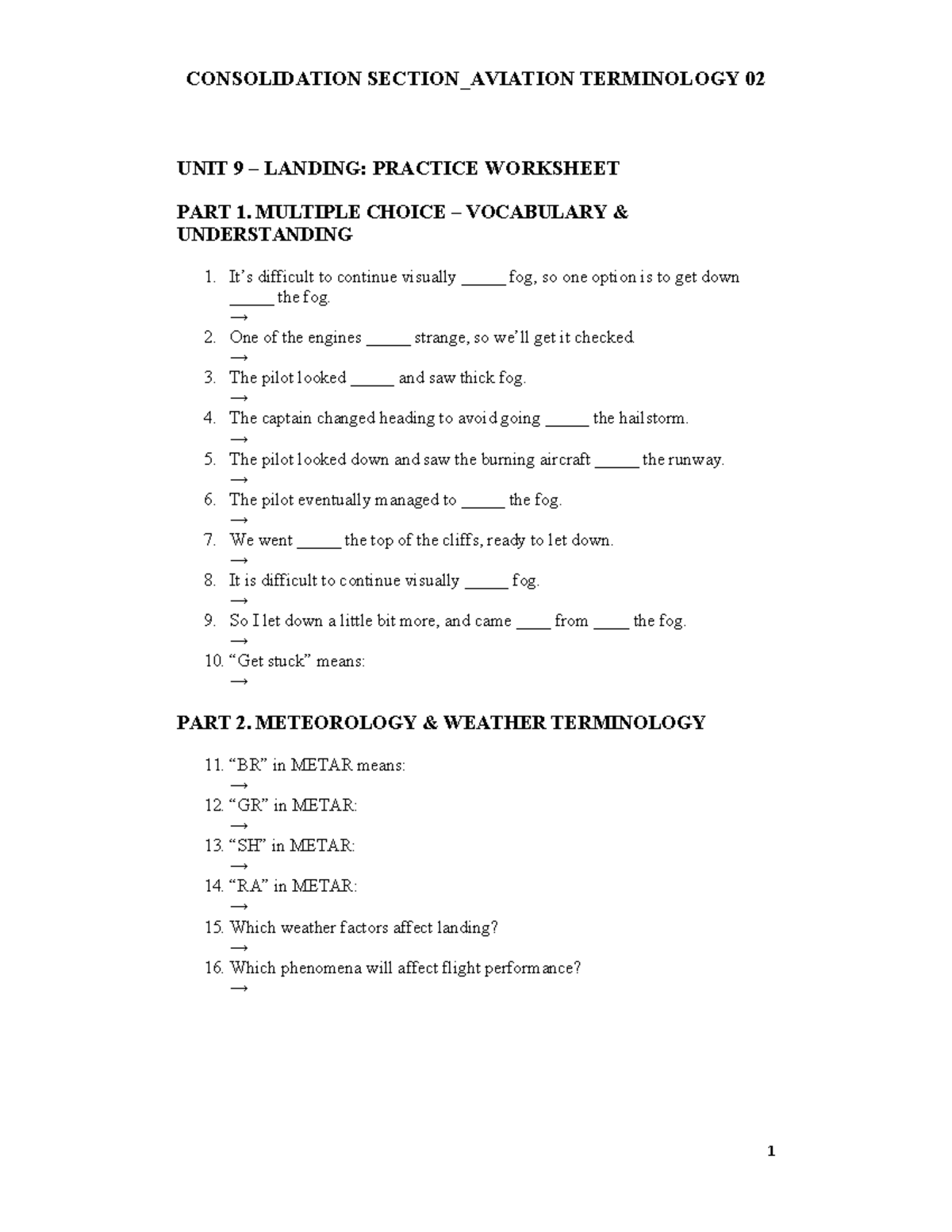 Unit 9 & 10 Consolidation: Aviation Terminology Practice Worksheet ...