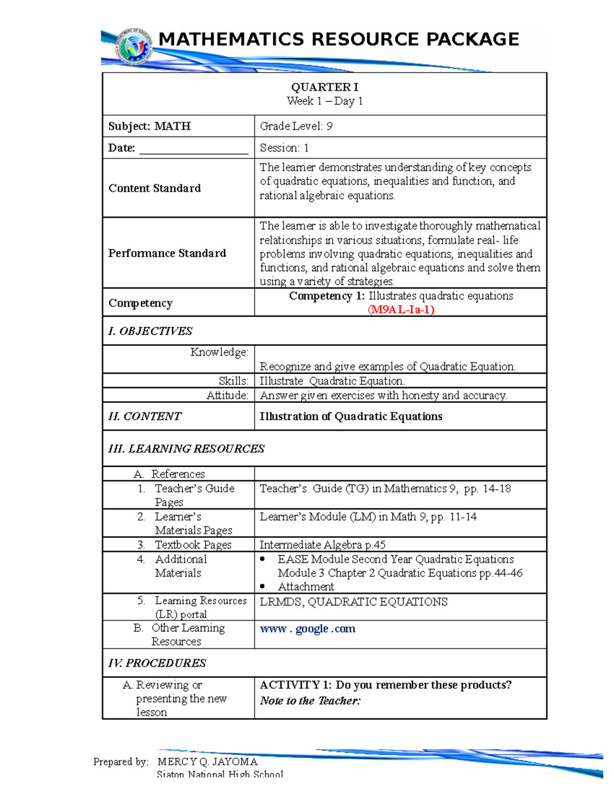 Math 9 Sample Lesson Plan: Quadratic Equations (Quarter 1, Week 1 ...