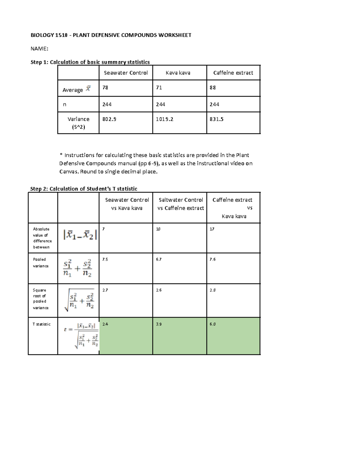 BIOL 1510 Plant Defensive Compounds Stats Worksheet W2024 - Studocu
