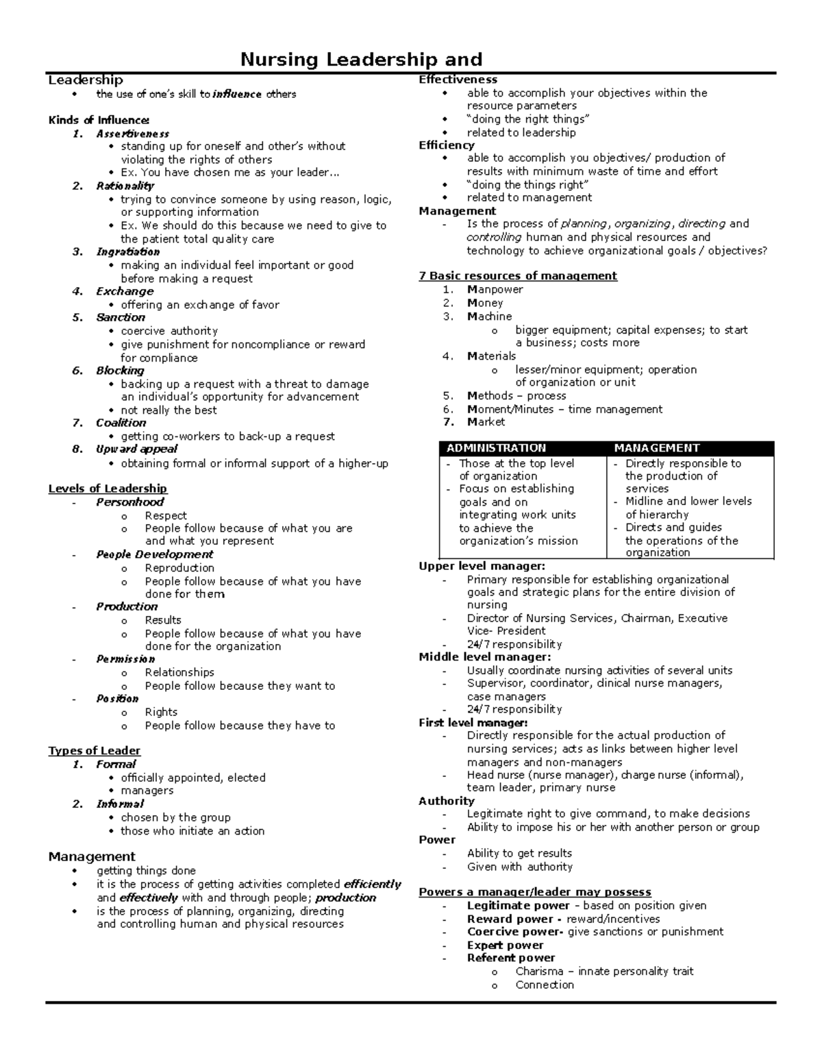 Leadership- Management- Notes-PART-1 2 - Nursing Leadership and ...