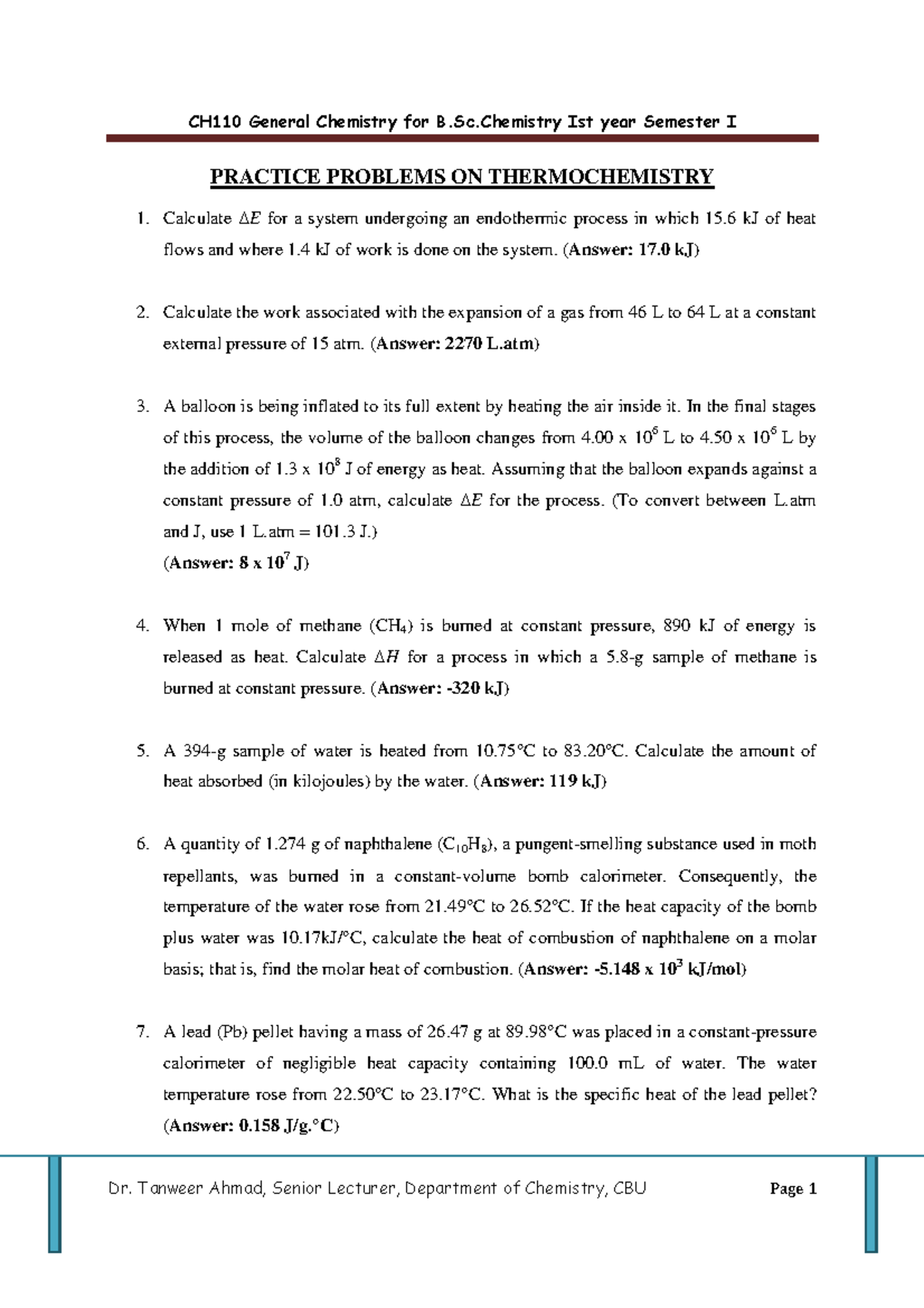 CH110 Practice Problems on Thermochemistry for General Chemistry I ...