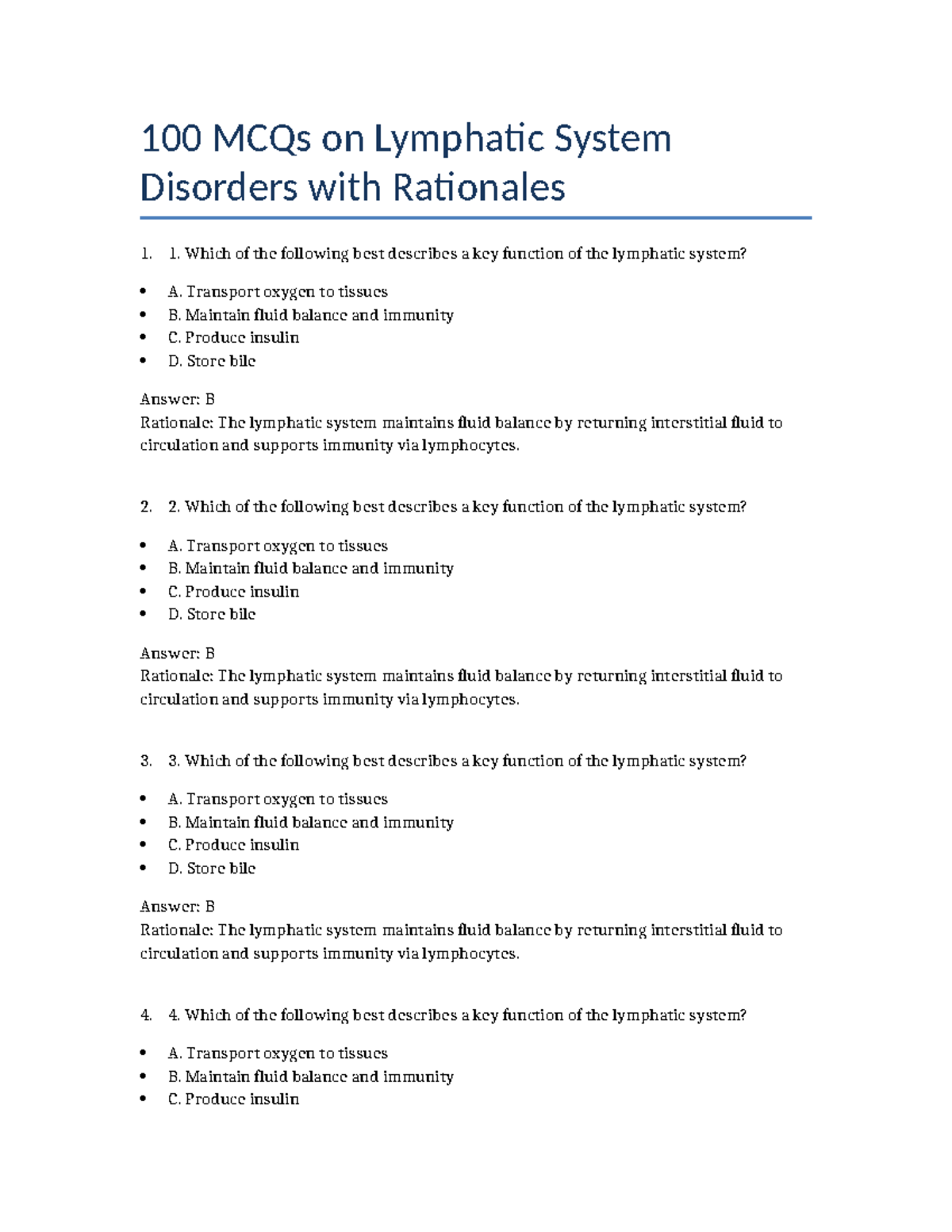 100 MCQs on Lymphatic System Disorders: Key Functions & Diagnoses - Studocu