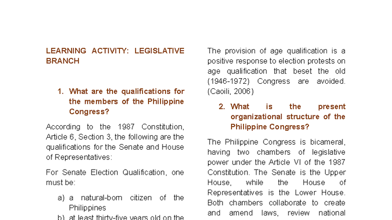 FPS- Legislative Branch: Qualifications and Structure of the Philippine ...
