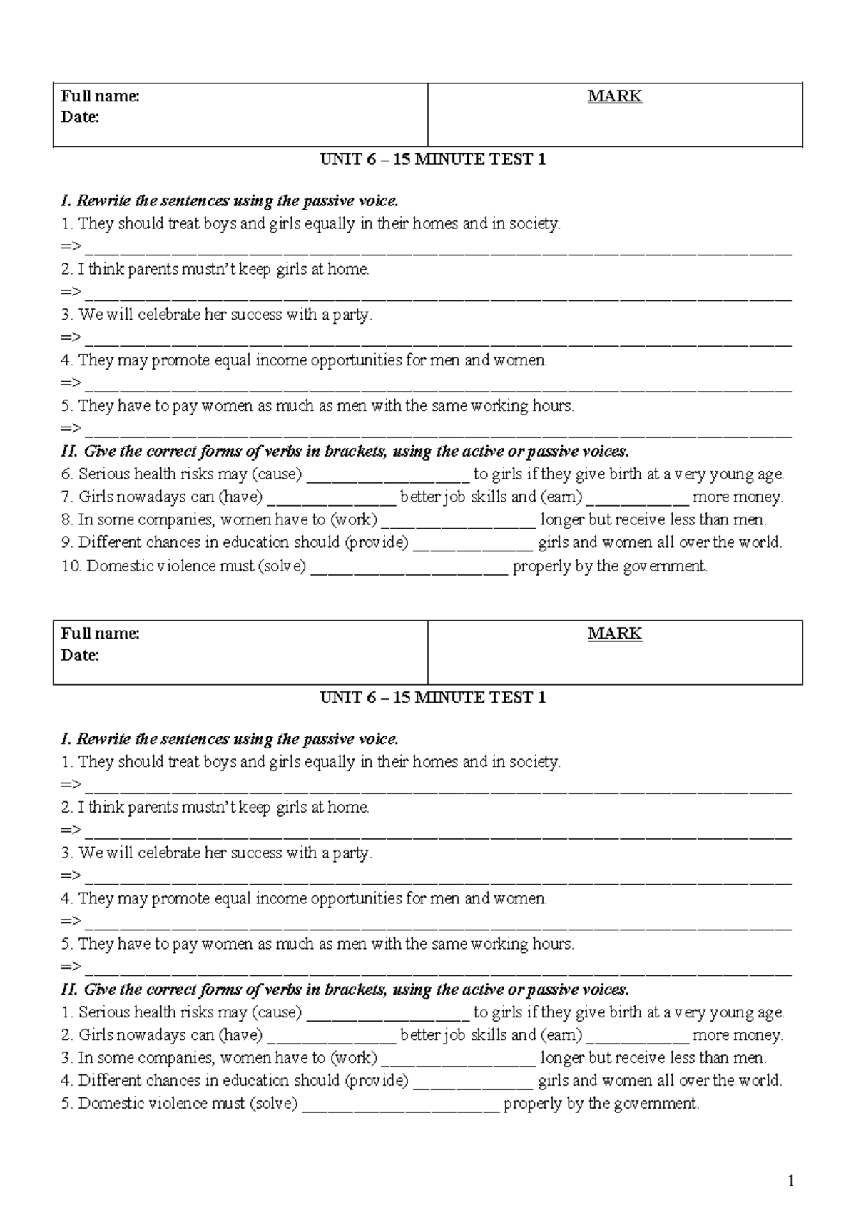 MARK UNIT 6: 15 MINUTE TEST 1 - Passive Voice Exercises - Studocu