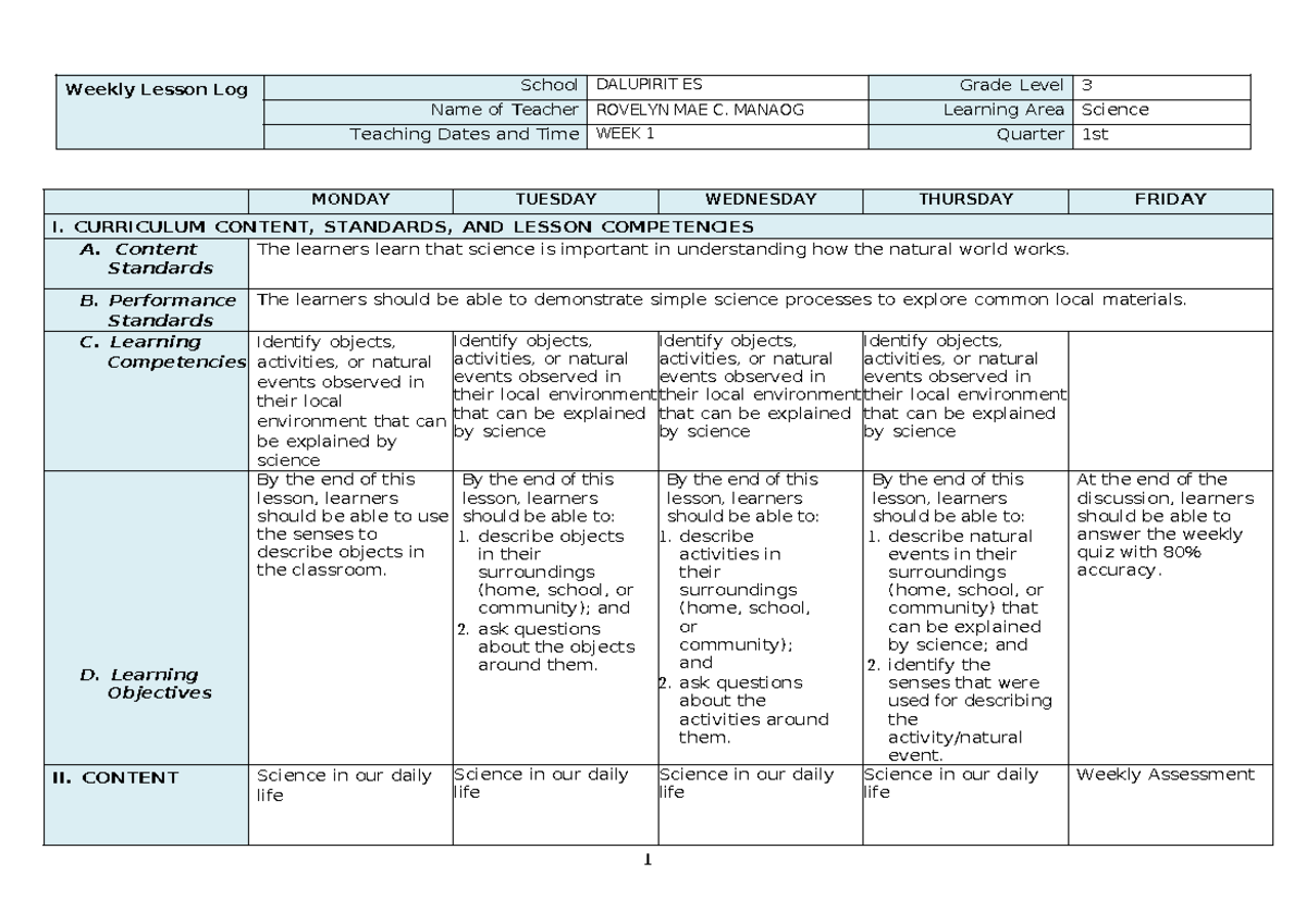 DLL Science 3 Q1 Week 1: Weekly Lesson Log and Activities - Studocu