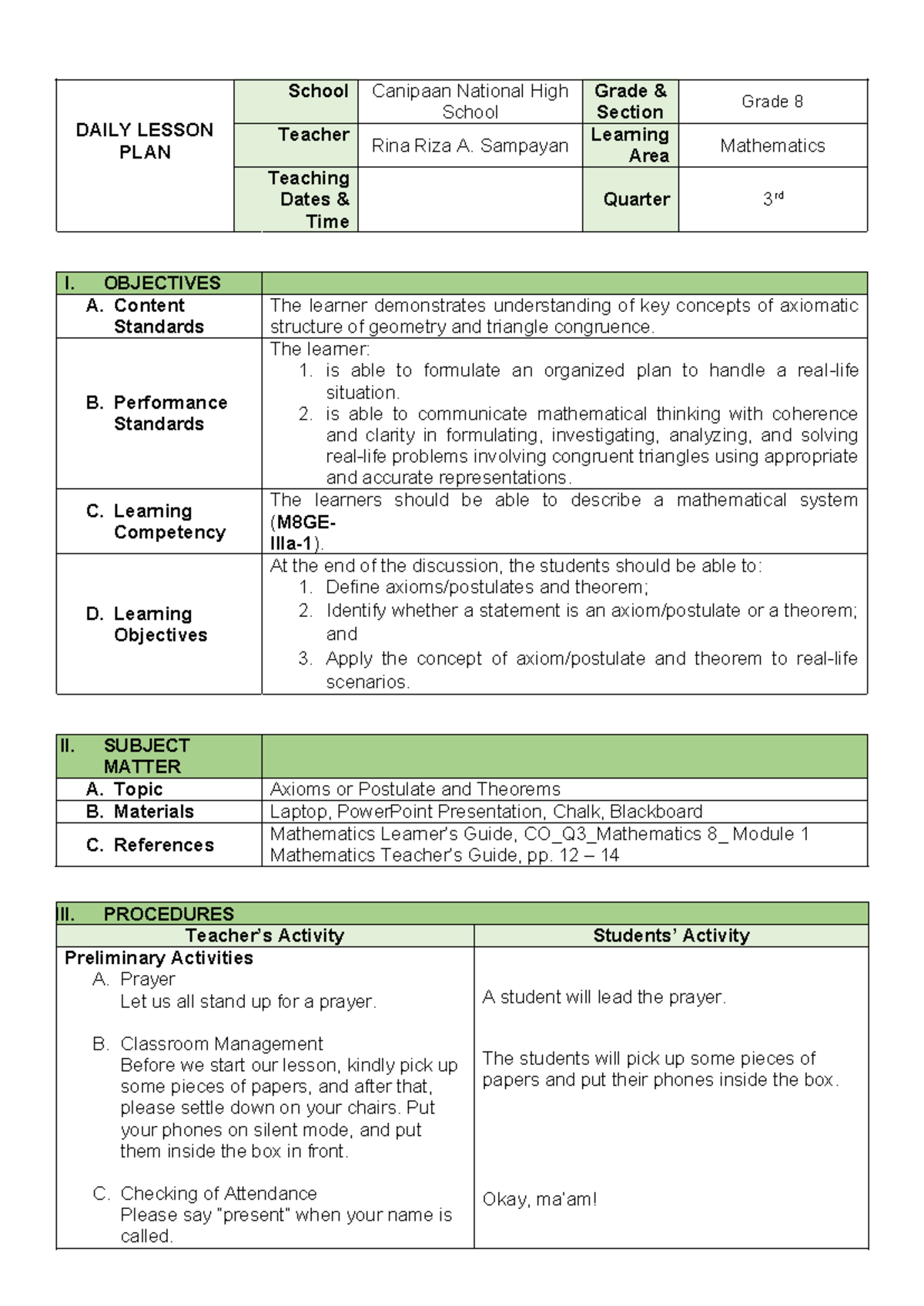 Lesson PLAN Q3 MOD1 DAY2 - DAILY LESSON PLAN School Canipaan National ...