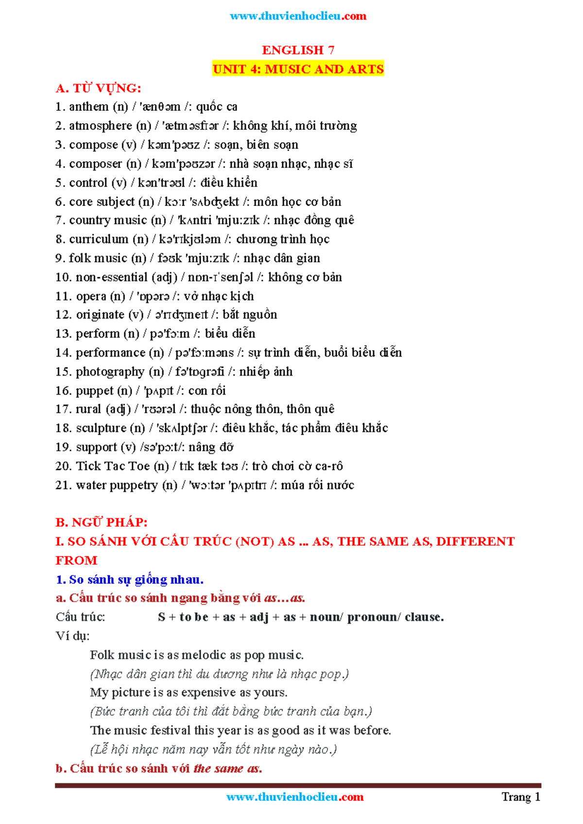 ENGLISH 7 UNIT 4: MUSIC AND ARTS - VOCABULARY & GRAMMAR NOTES - Studocu