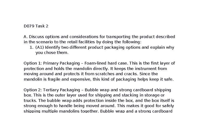 D079 Task 2 - Product Transportation Options and Risk Management - Studocu
