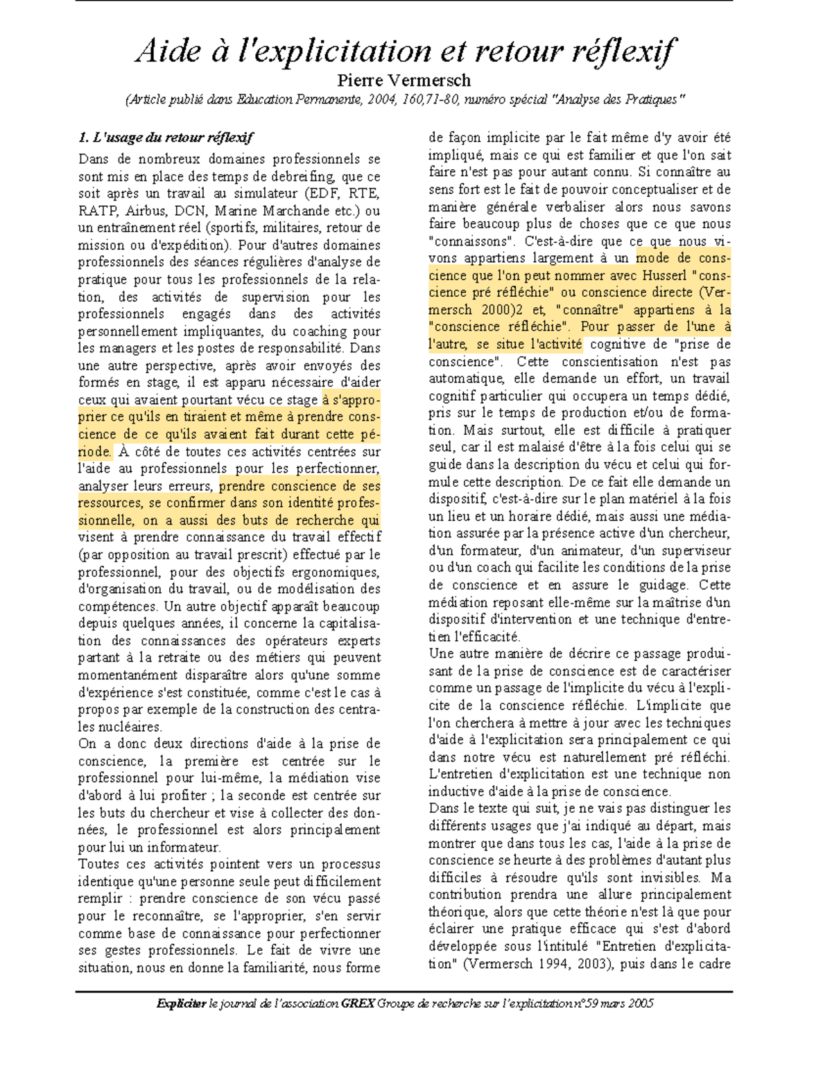 Aide à l'Explicitation et Retour Réflexif en Éducation (Vermersch ...
