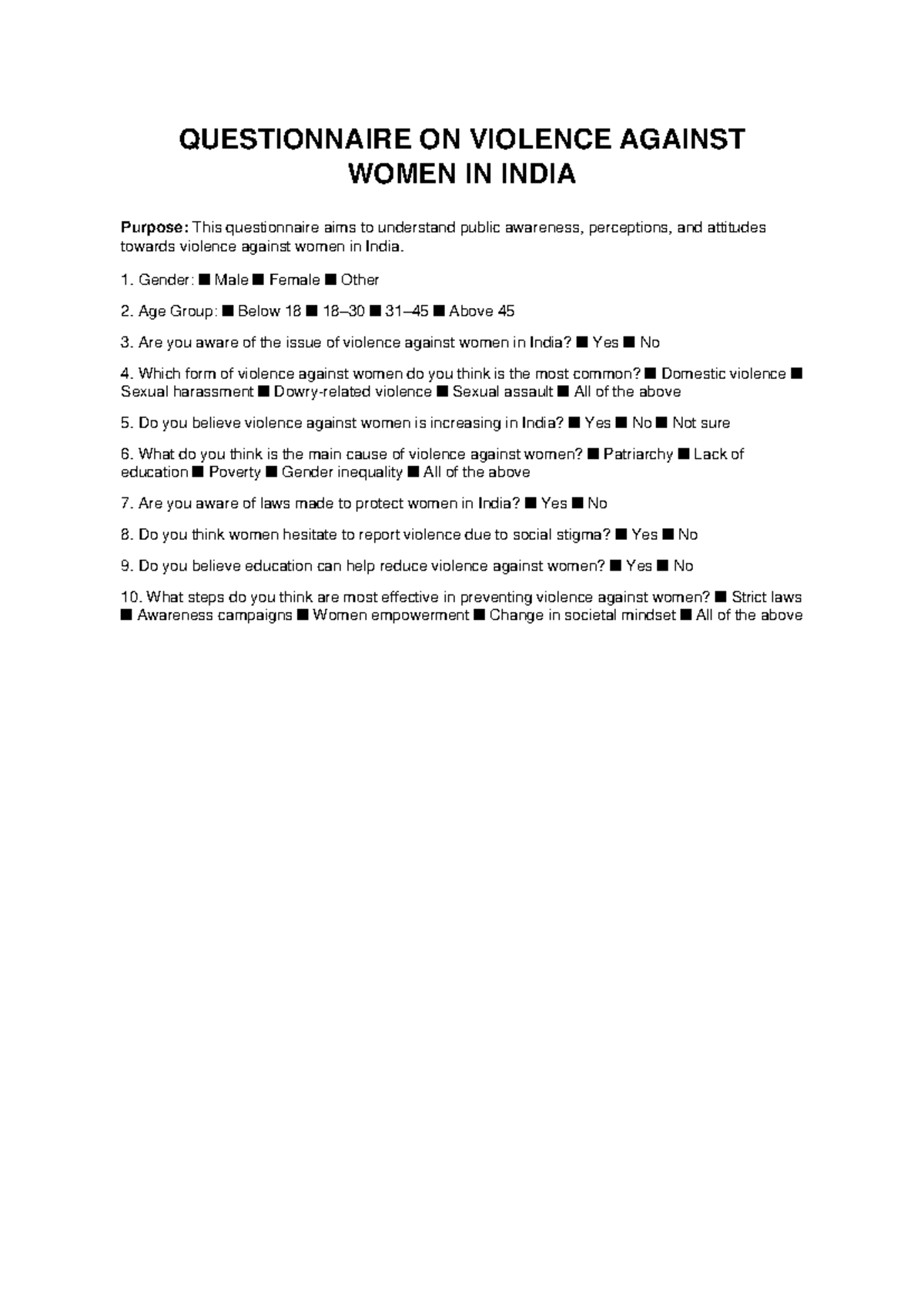Questionnaire on Violence Against Women in India - Awareness ...