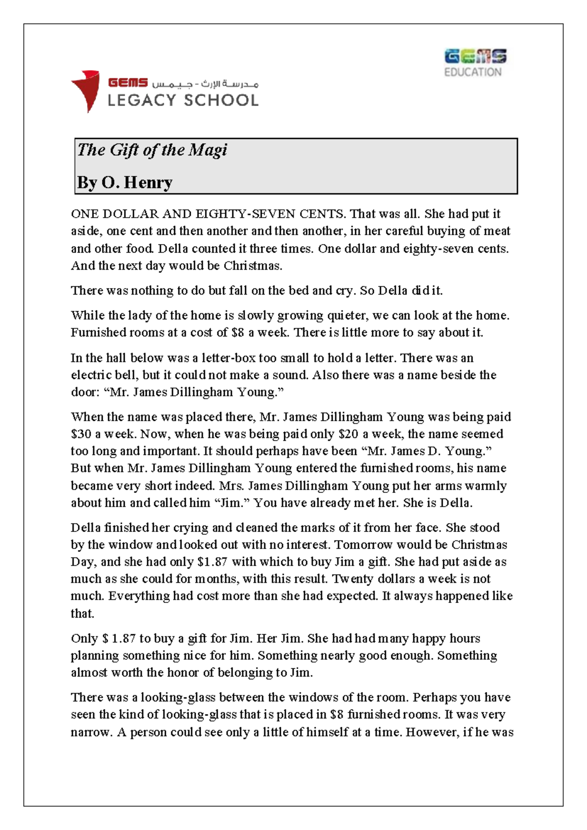 The Gift of the Magi - O. Henry Analysis and Insights - Studocu