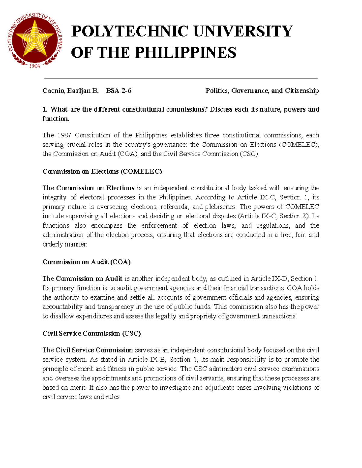 BSA 2-6 Activity 2: Overview of Constitutional Commissions in PH - Studocu