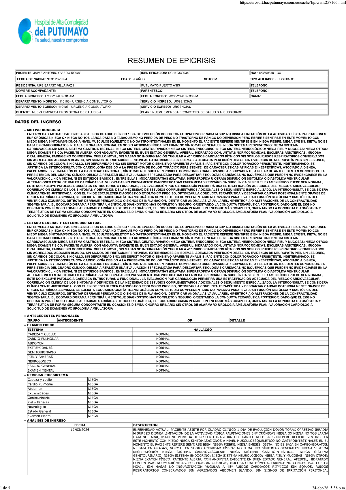 Resumen Clínico de Paciente HC-1123309340: Jaime Antonio Oviedo Rojas ...