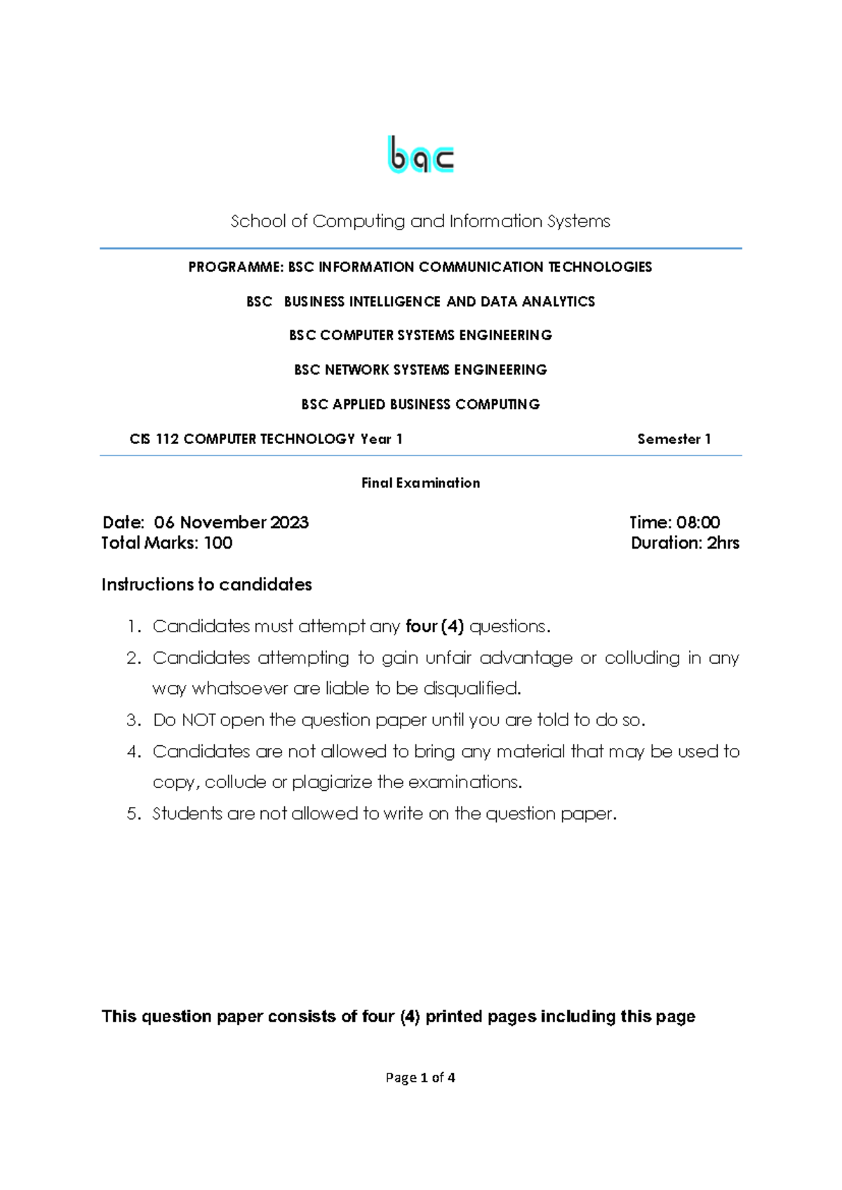 CIS 112 Final Exam 2023 - Past Paper on Computer Technology - Studocu