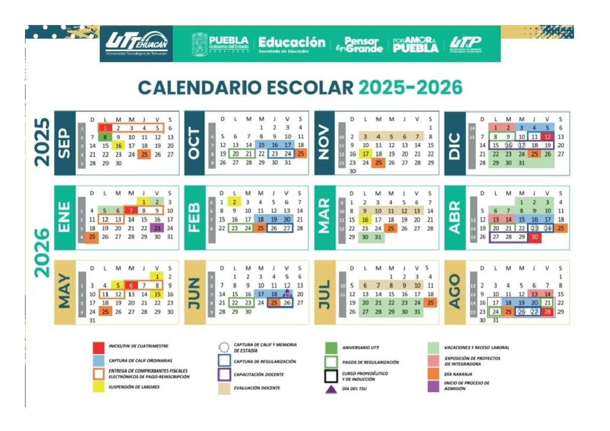 Calendario Escolar 2025-2026 UTP - Universidad Tecnológica de Tehuacán ...