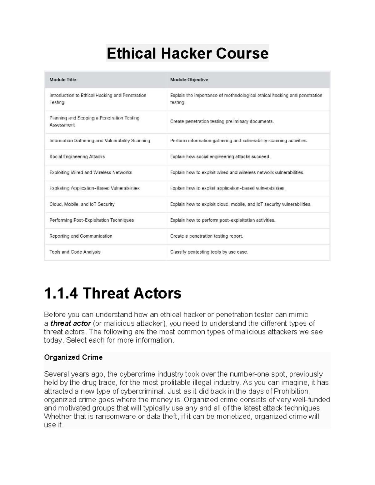 Ethical Hacker Course 1.1.4: Understanding Threat Actors - Studocu