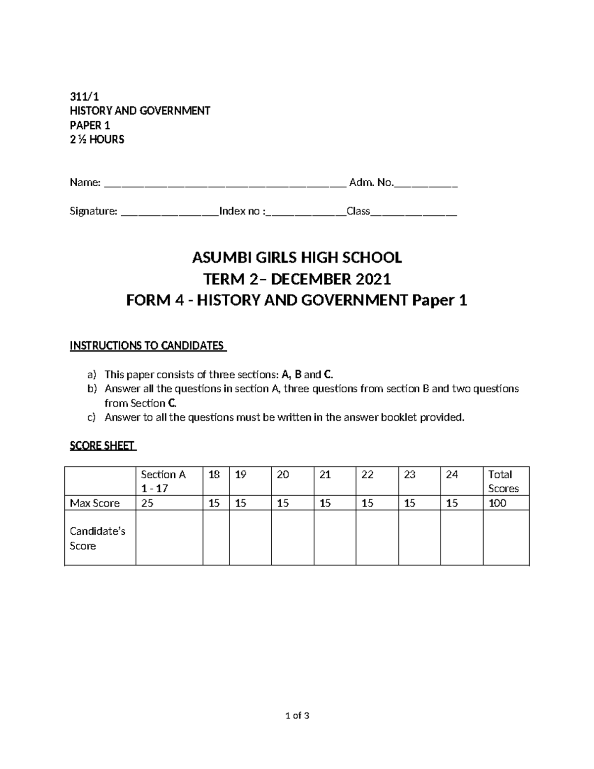 HISTORY & GOVT PAPER 1 - DEC 2021 - ASUMBI GIRLS HIGH SCHOOL - Studocu