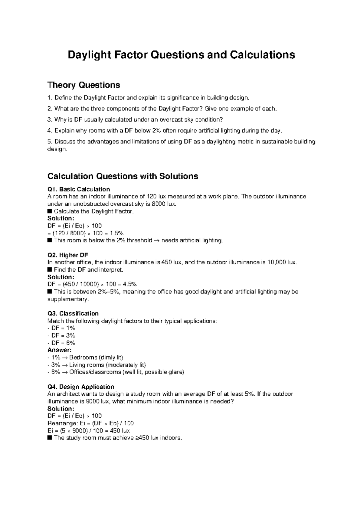Daylight Factor Calculations and Theory Questions for Building Design - Studocu