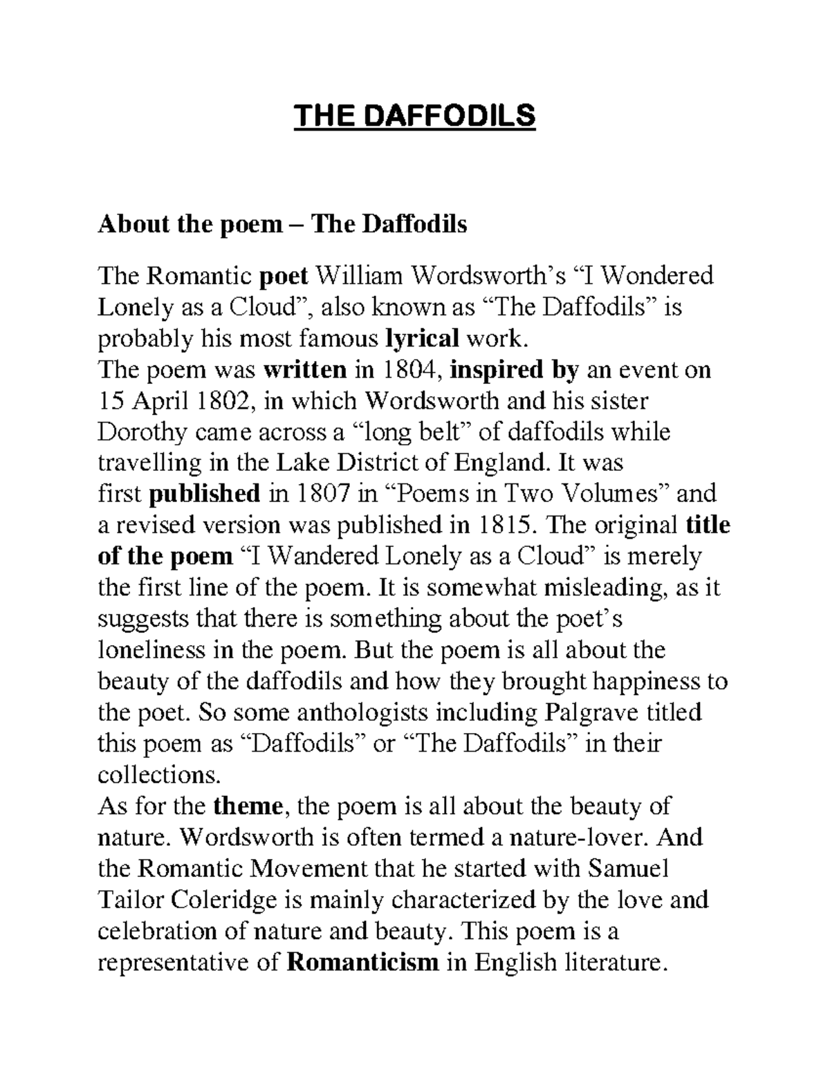 Analysis and Summary of "The Daffodils" - W. Wordsworth - Studocu