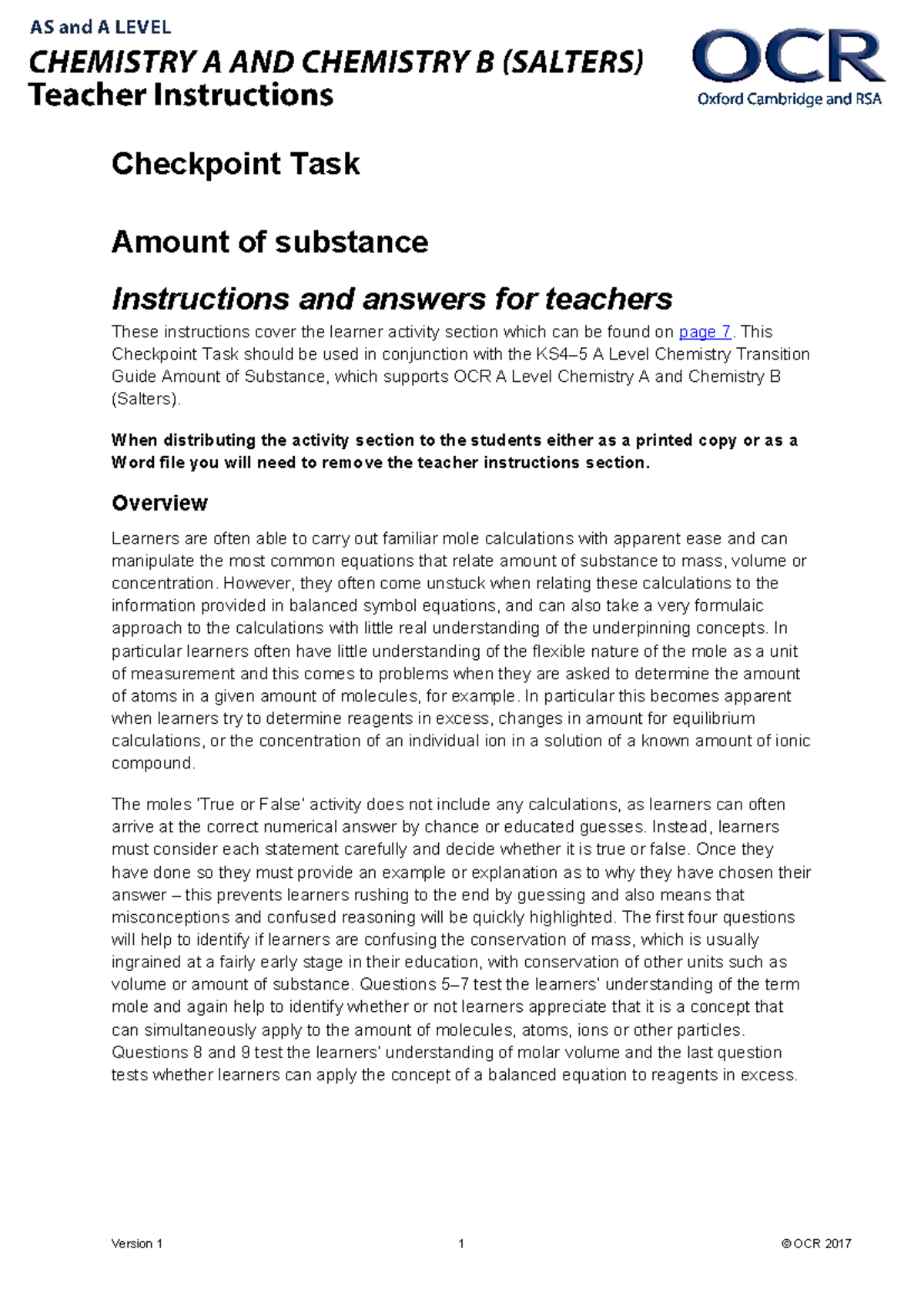 357661 KS4-KS5 Chemistry Checkpoint Task on Amount of Substance - Studocu
