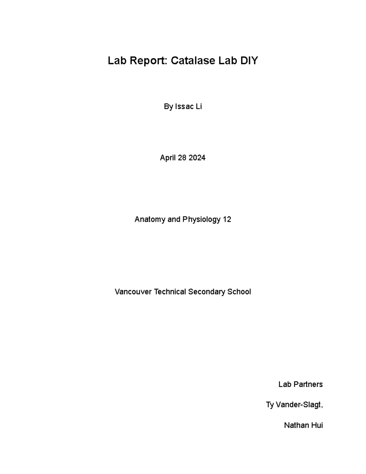 Biology 12 Lab Report: Catalase Activity with H2O2 and Beef Liver - Studocu