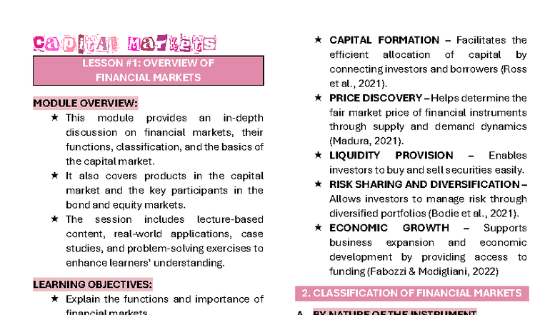 Capital Markets Lesson Overview: Functions & Classifications - Studocu