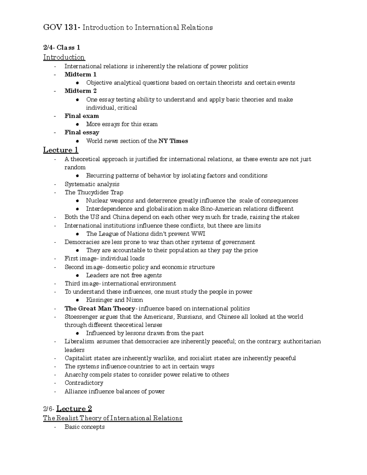 GOV 131 - Introduction to International Relations: In-Class Notes and ...