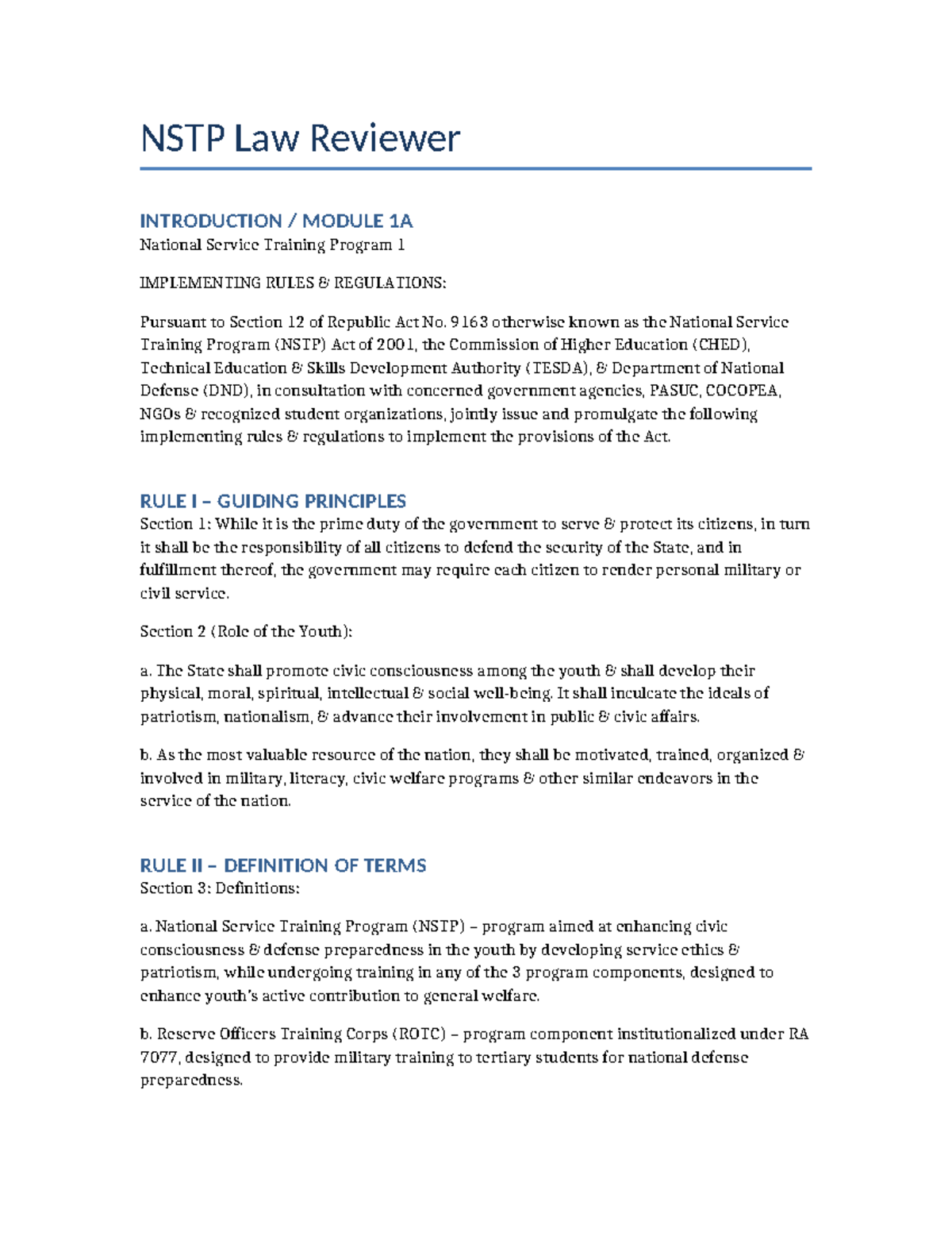 NSTP 1 Law Reviewer: Implementing Rules & Regulations Overview - Studocu
