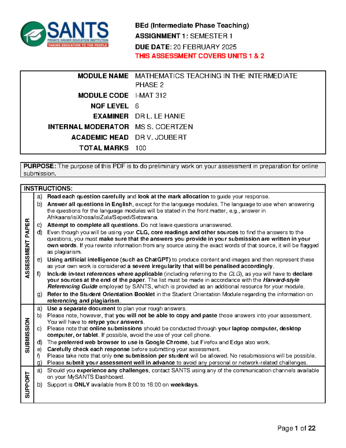 I-MAT 312 Assignment 1 - Mathematics Teaching in Intermediate Phase ...