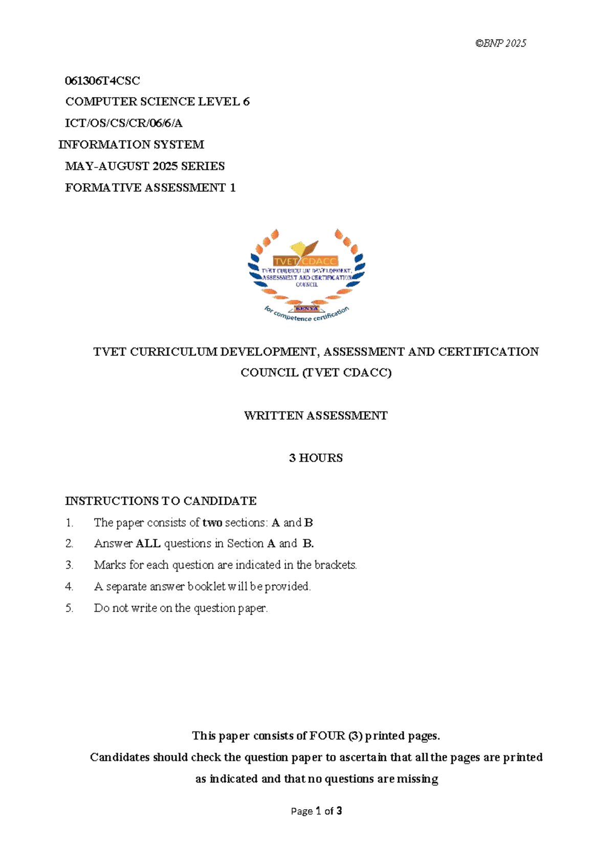 2025 061306T4CSC Computer Science Level 6: Info System Formative ...