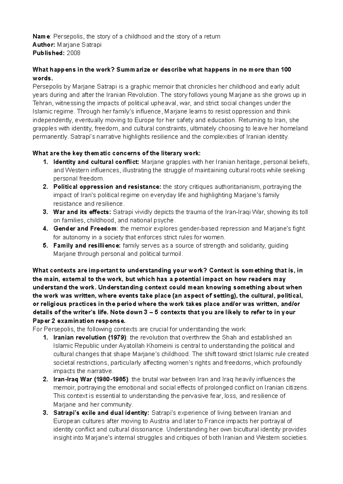 Revising Work for Persepolis (ENG 101): Themes, Contexts, and Analysis ...