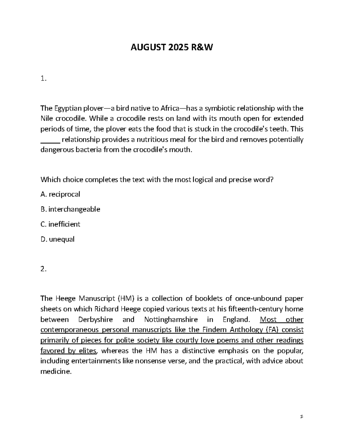 August 2025 R&W - SAT Practice Questions and Answers - Studocu
