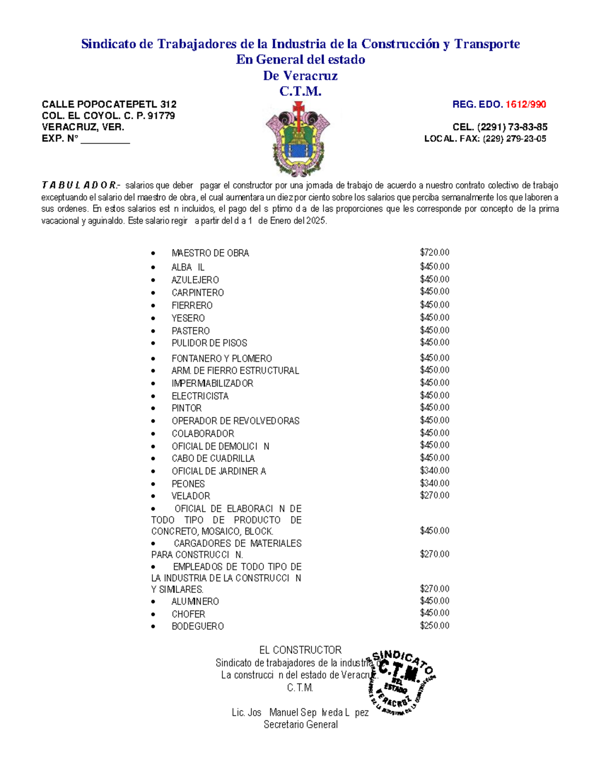 Tabulador de Salarios y Mano de Obra 2025 - CTM Veracruz - Studocu