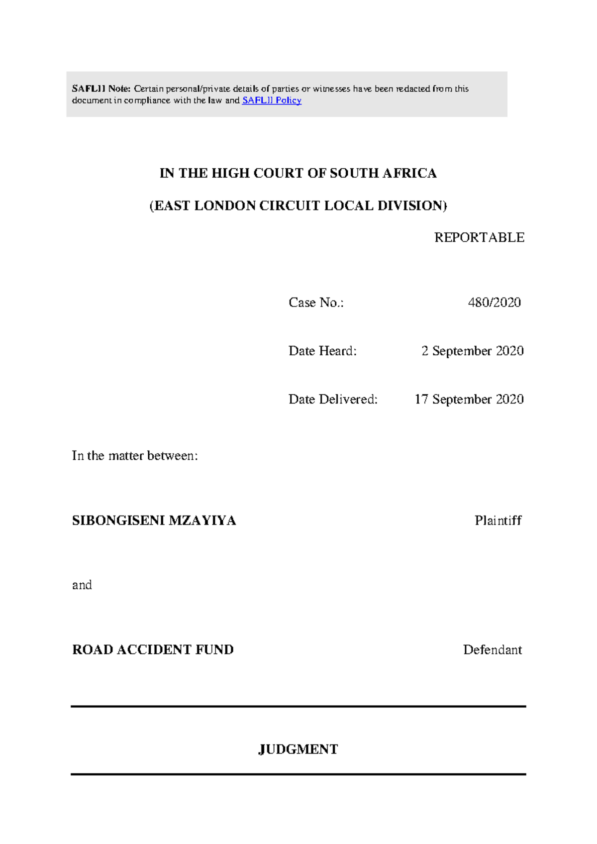 SAFLII Case No. 15 - SU 1: Judgment on Misrepresentation in Accident ...