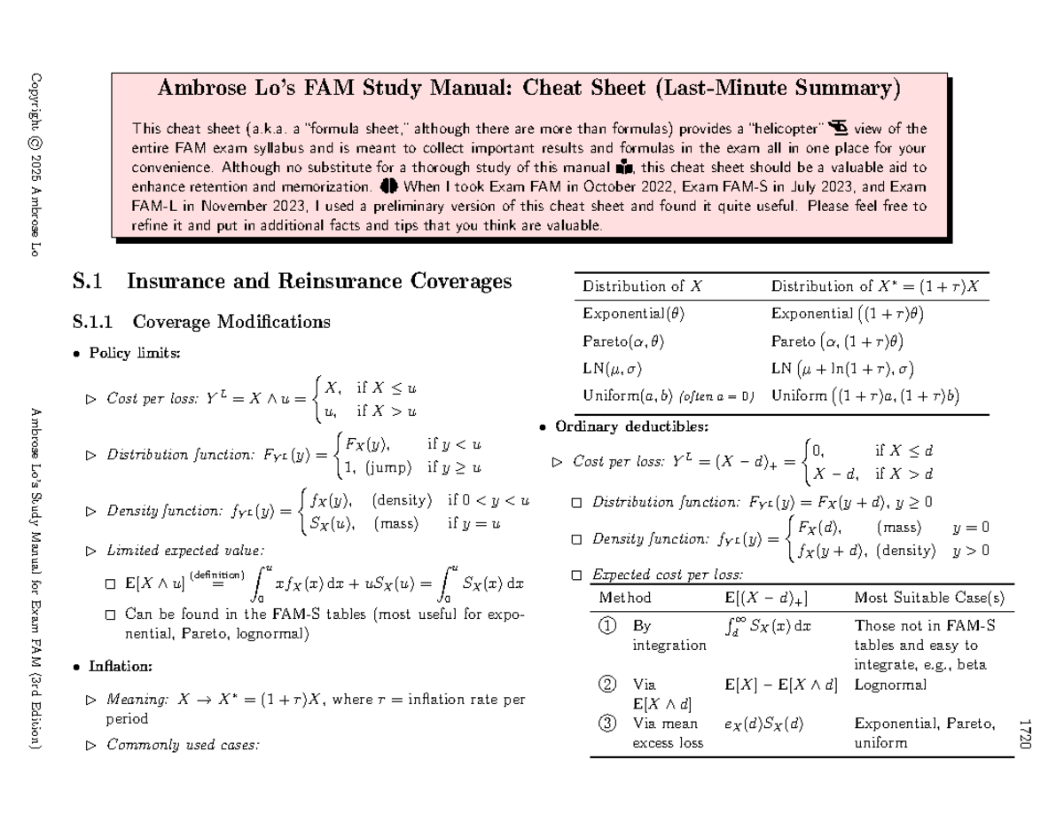 FAM 3E Final Exam Cheat Sheet: Key Formulas & Concepts Summary - Studocu